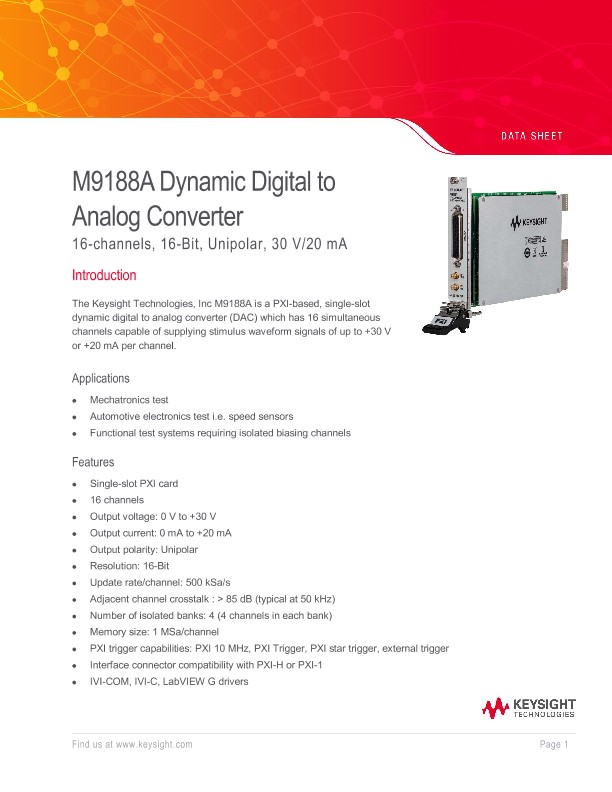 M9188A Dynamic Digital to Analog Converter PDF Asset Page | Keysight